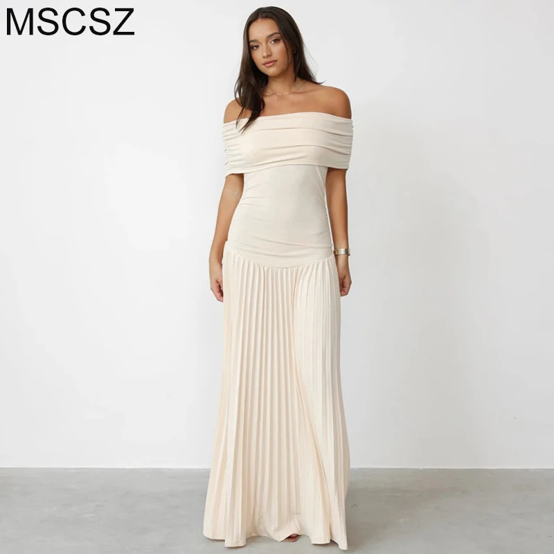 Elegant-Off-Shoulder-Long-Dress-Women-Slash-Neck-Backless-Pleated-Maxi ...