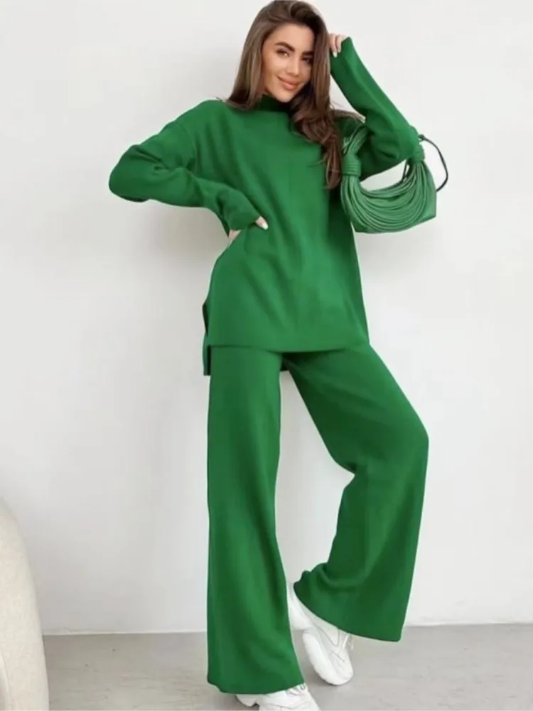 Casual Knit Top And Wide Lag Pant Set Half High Neck Sweater Wide Leg ...