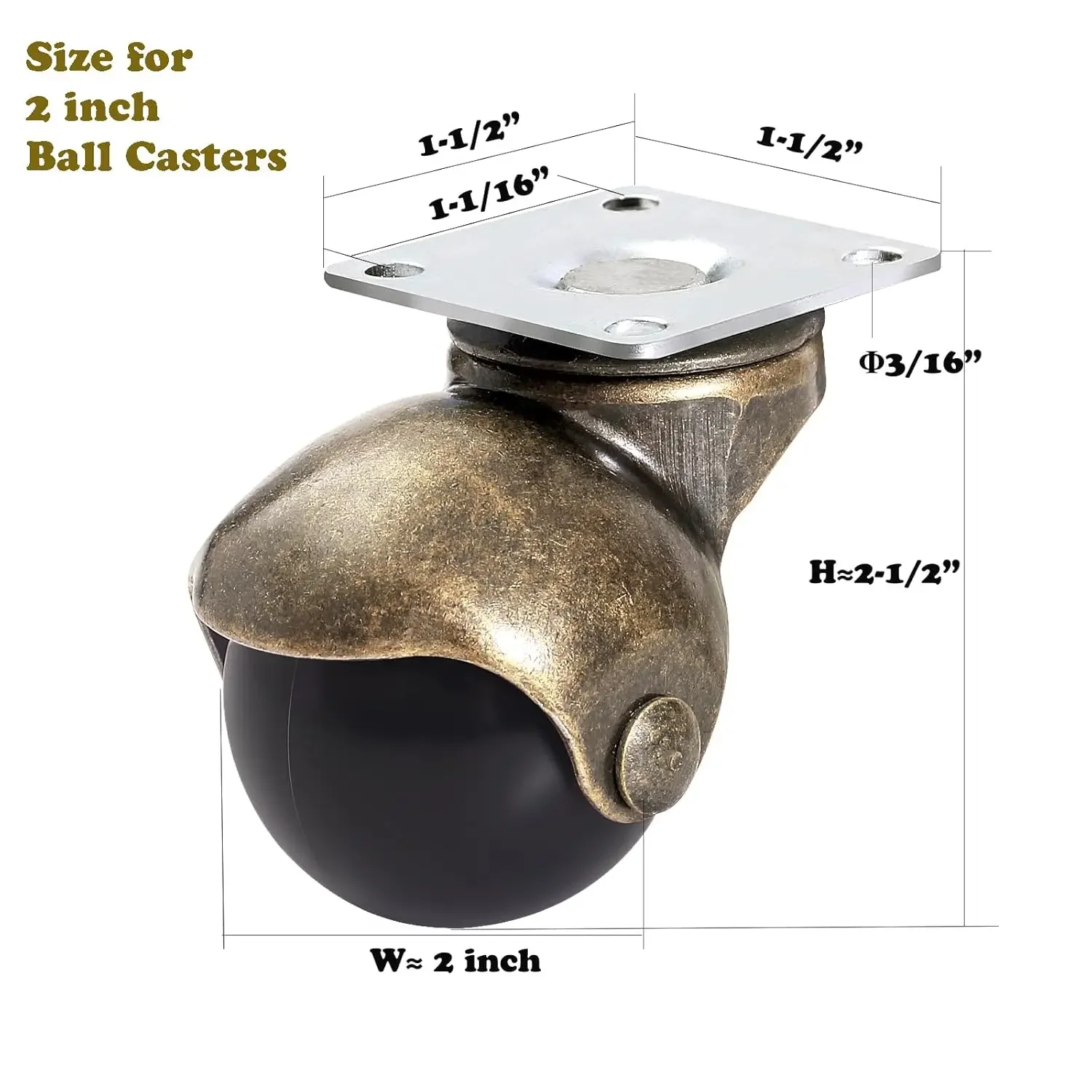 4pcs 1.5/2 Inches Ball Caster Wheels Brake No Break Bronze Rubber ...