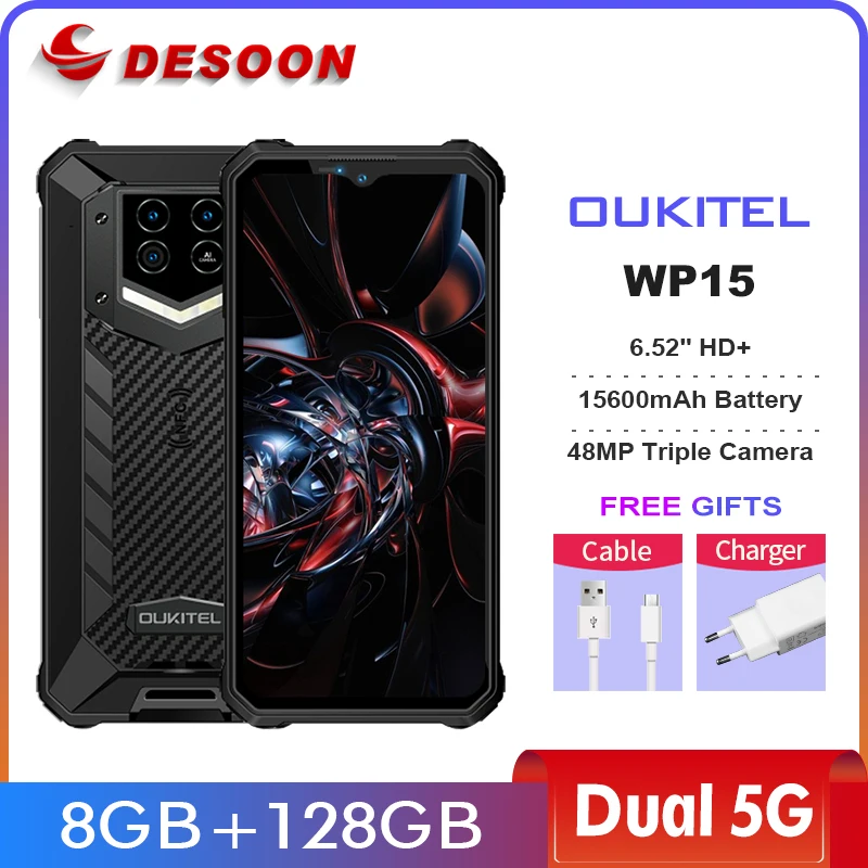 Oukitel Wp15 15600mah Dual 5g Rugged Smartphone 6.52'' Hd+ 8gb+128gb ...