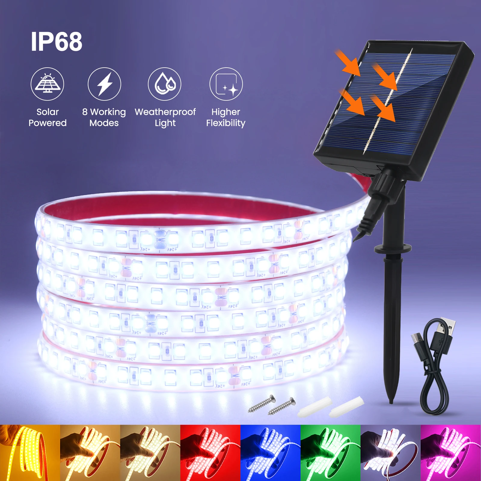 Solar LED Strip Light IP68 Waterproof Outdoor Flexible Ribbon Tape 24V ...