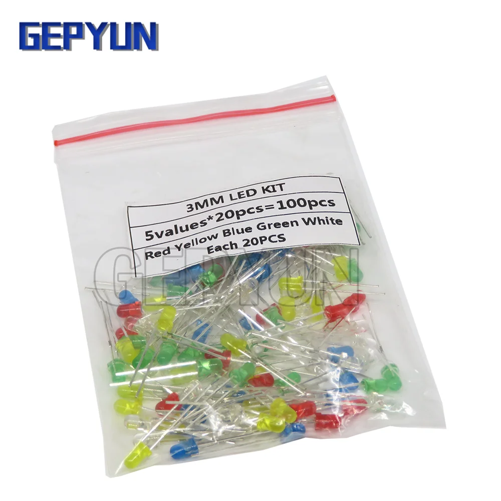 100PCS-3mm-LED-diode-Light-Assorted-Kit-5Colors-20PCS-F3-White-Yellow ...