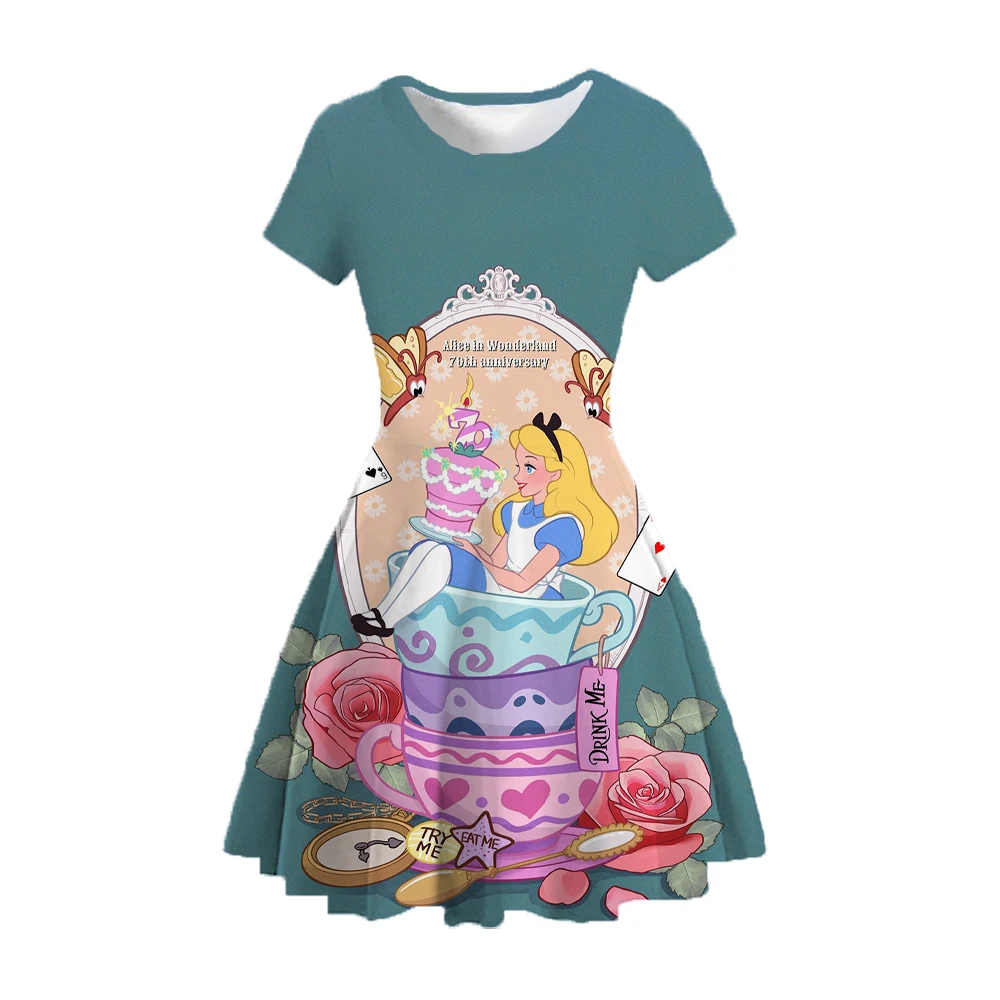 Girls Summer Dress Disney Casual Cartoon Printing Alice in Wonderland ...