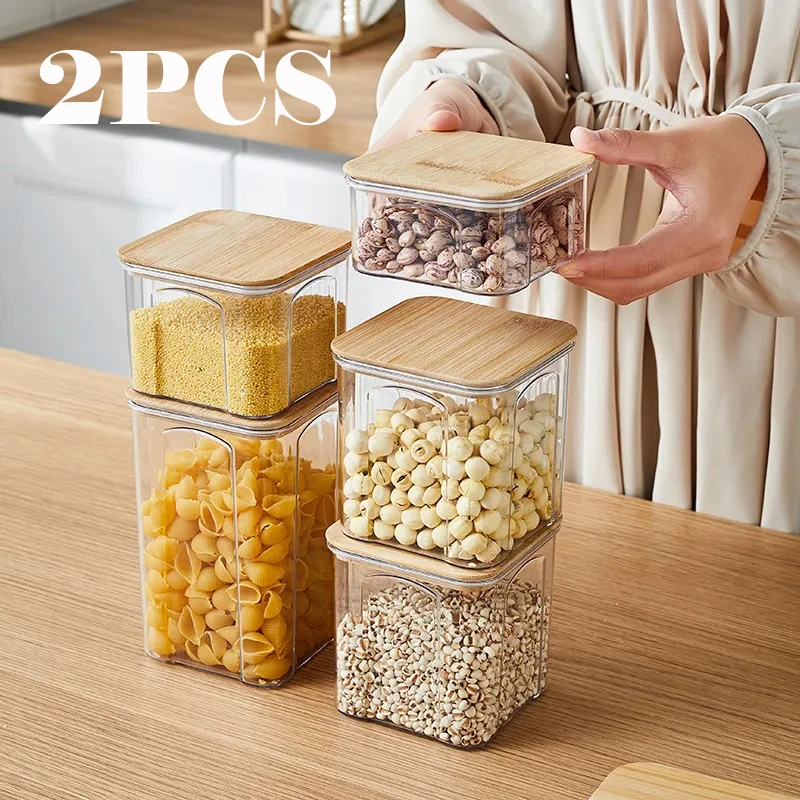 2PCS-PET-Plastic-Food-Storage-Container-with-Bamboo-Lid-Sealed-Jar ...