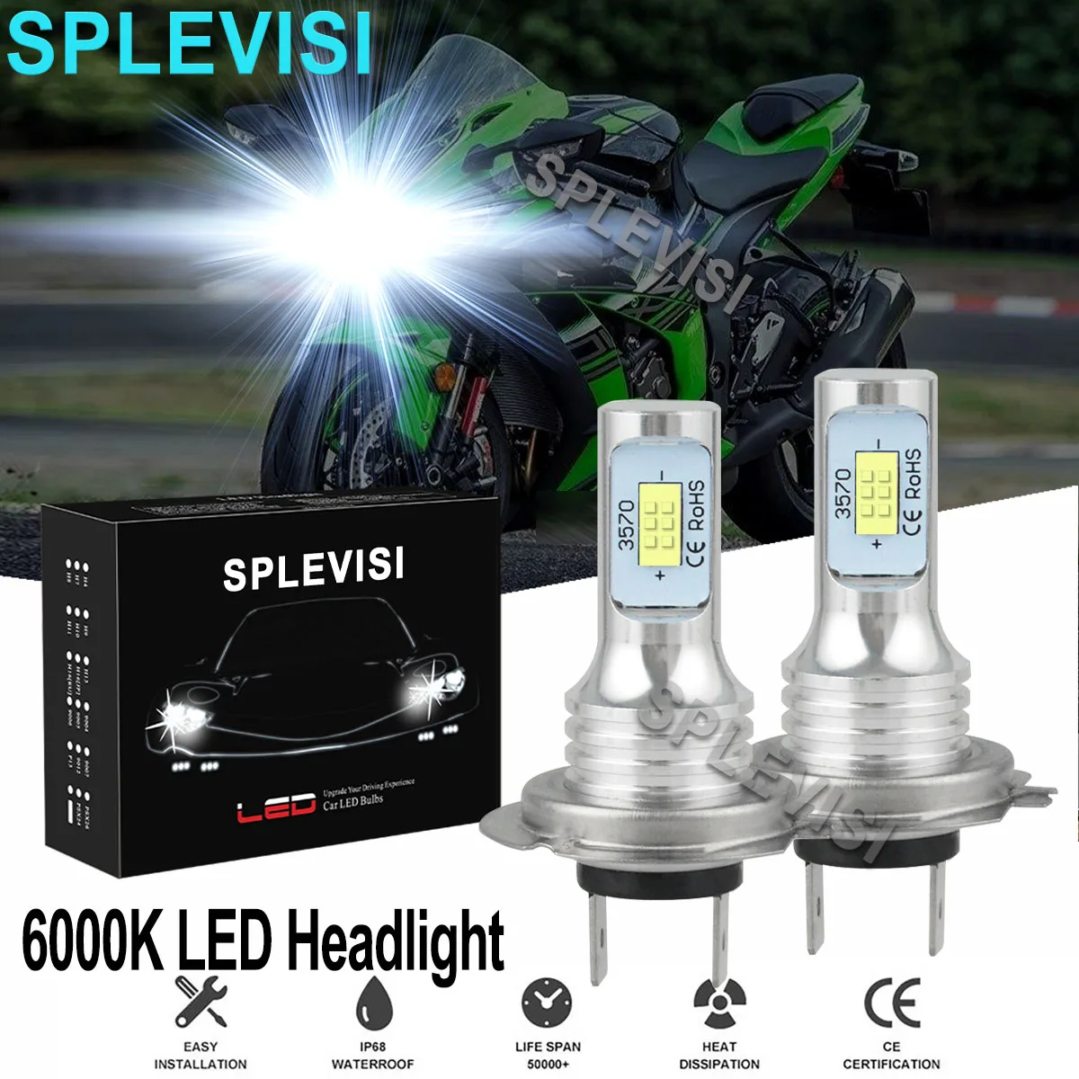 H7 Xenon HID White Motorcycle LED Headlight Bulbs 6000K Replacement Kit ...