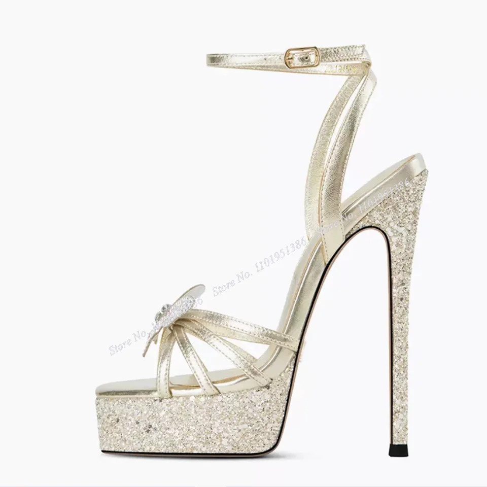 Abesire Gold Bling Platform Sandals Butterfly Decor Thin High Heel ...