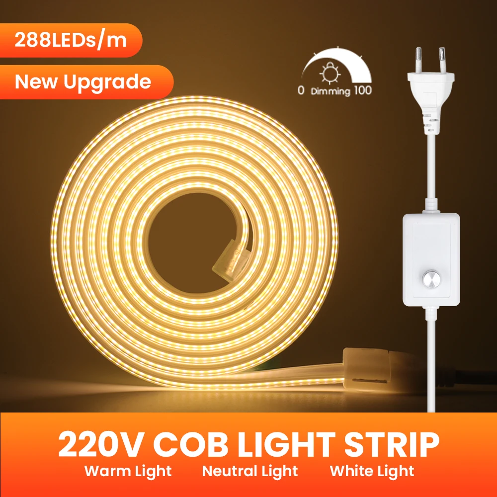 AC 220V COB LED Strip Lights 288LED/m Adjustable Brightness Outdoor ...