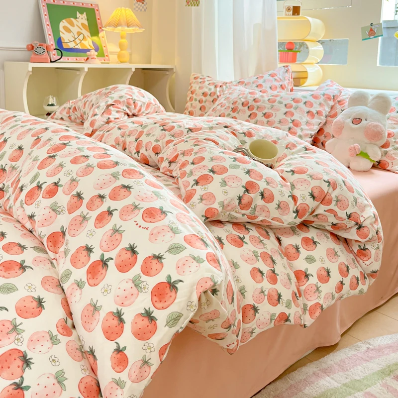 Korean-Girls-Cherry-Bedding-Set-Soft-Cotton-Bed-Sheet-Quilt-Cover ...