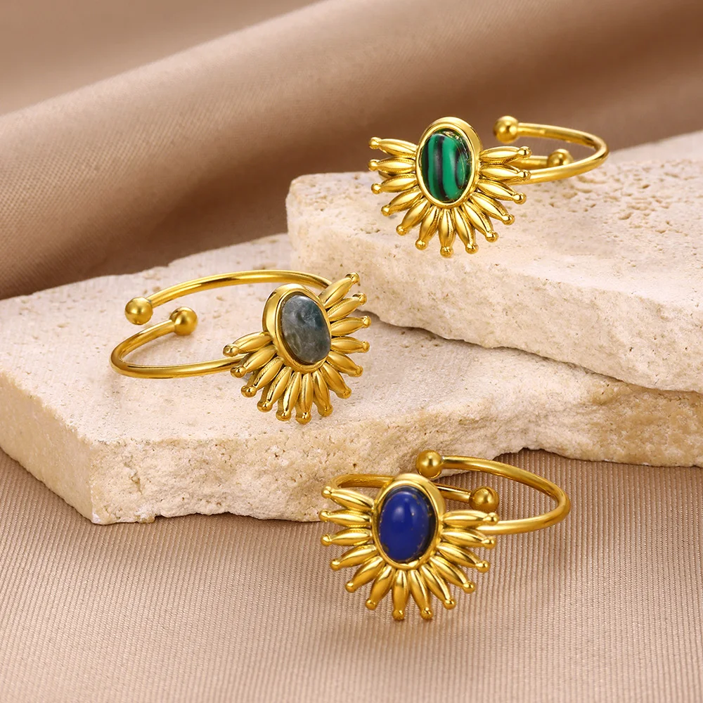 Vintage-Sun-Flower-Rings-Lapis-Stainless-Steel-Gold-Color-Open-Ring-For ...