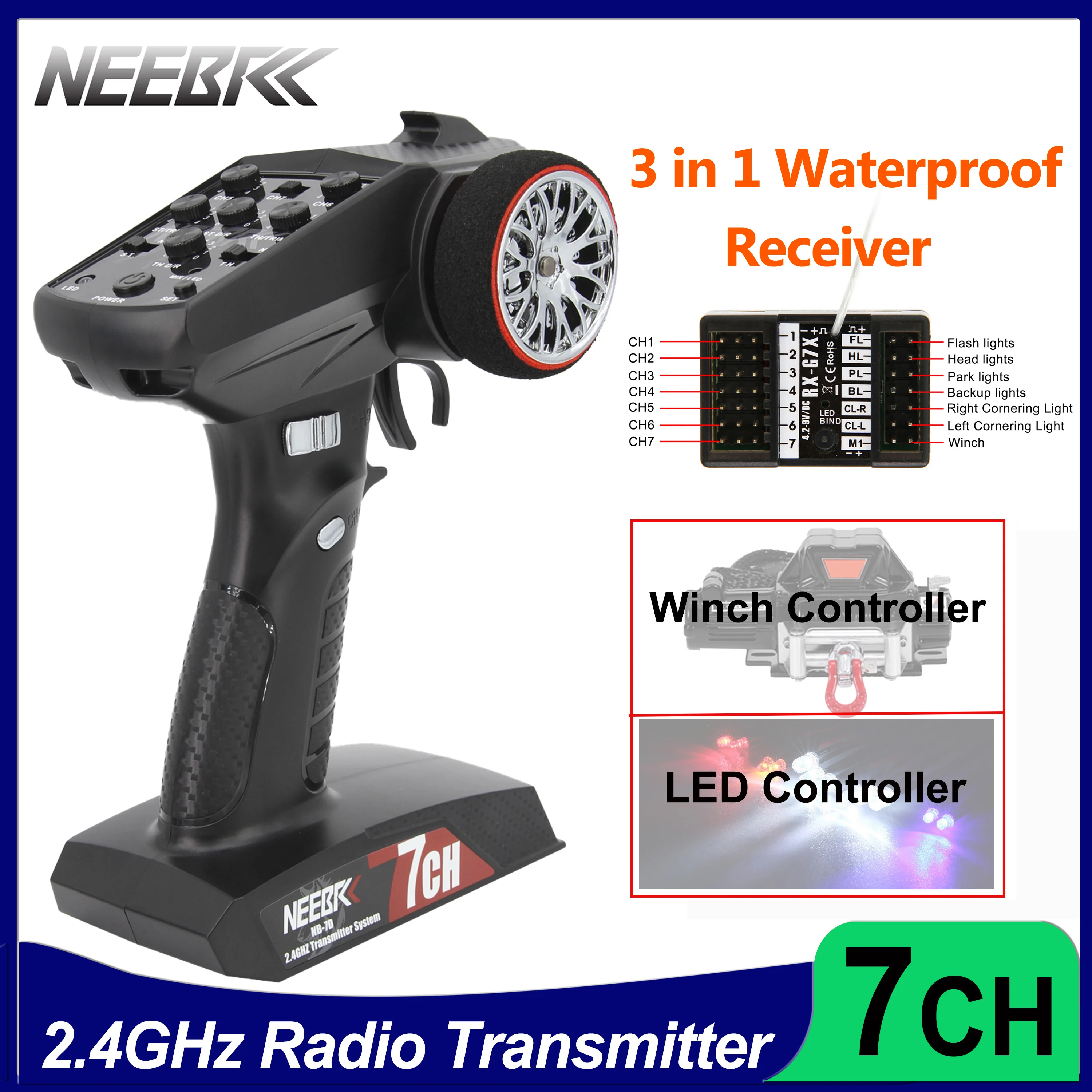 7 Channel 7CH Transmitter Radio System Transmitter Remote Control/LED ...