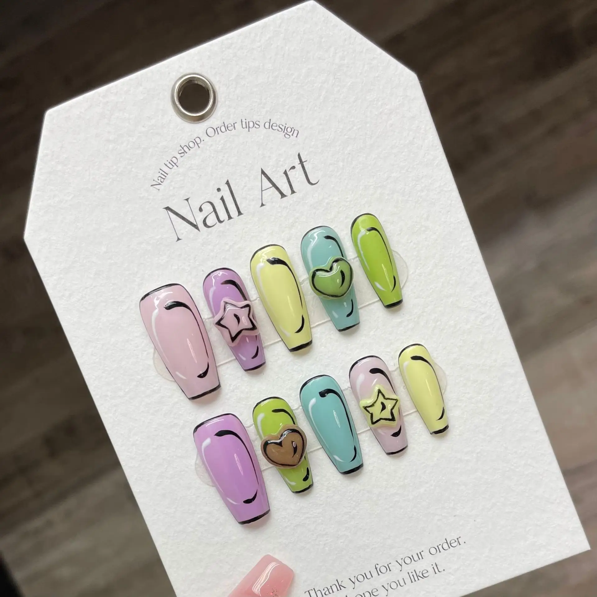 Handmade-Fake-Nails-Binary-colourful-love-nail-art-cute-girl-style ...