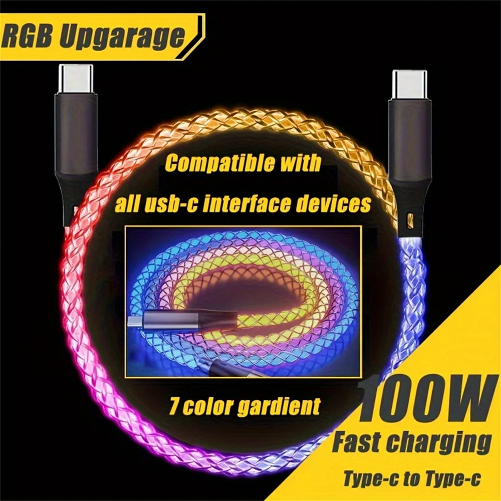 100W TYPE-C TO C Fast Charging Cable,Data Transfer,Multicolor LED RGB ...