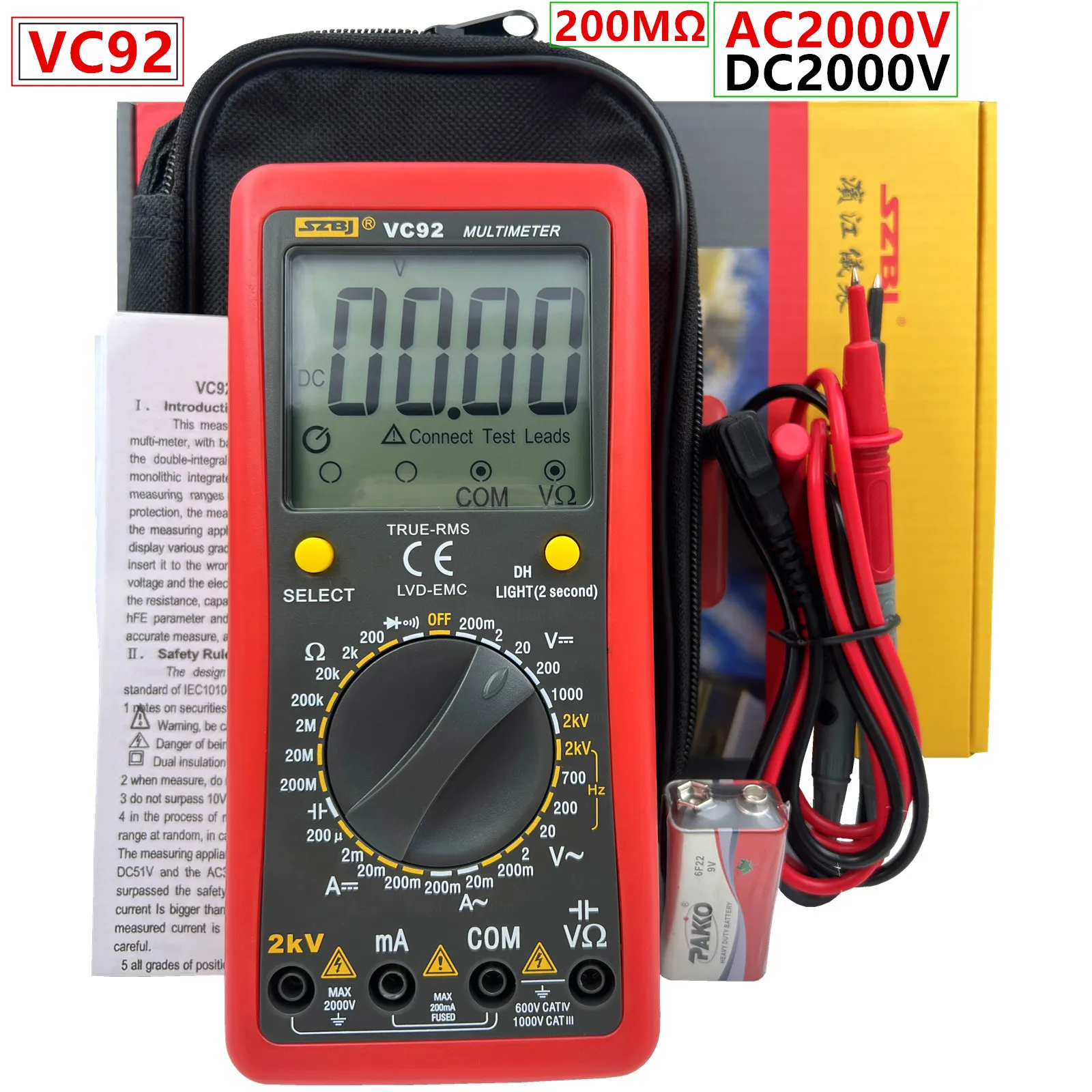 SZBJ VC92 LCD Digital Multimeter AC/DC Diode Capacitance Resistance ...