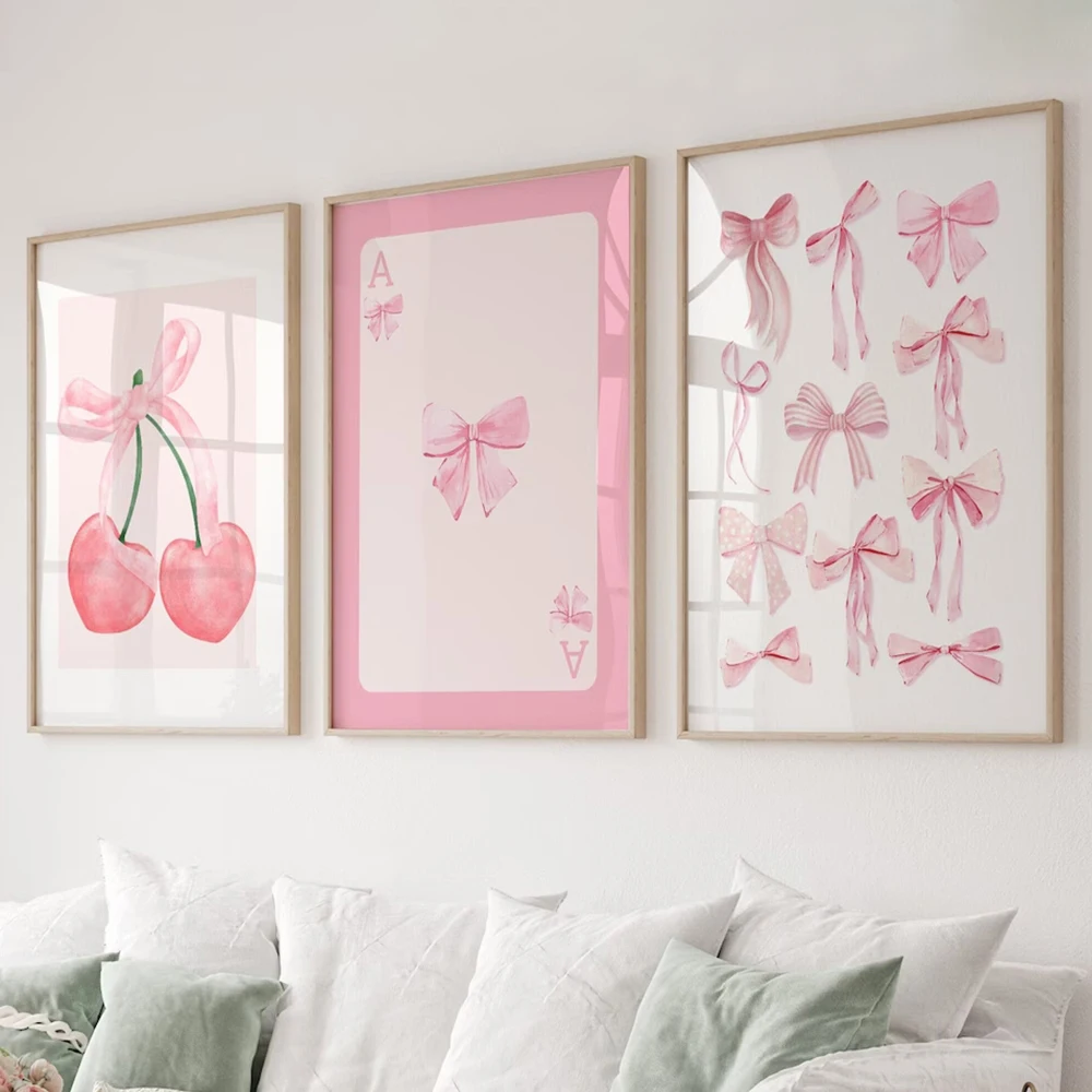 3pcs Trendy Watercolor Pink Blue Bows College Apartment Girly Wall Art ...