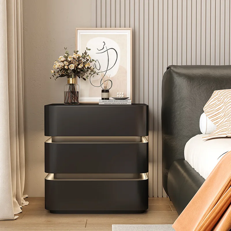 Black solid wood bedside table, new creative bedside table with lamp ...