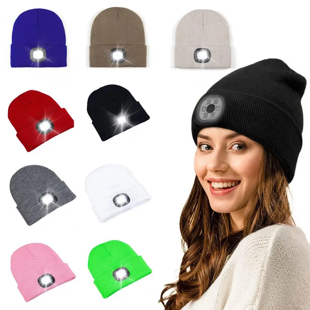 LED-Light-Knitted-Hat-Warm-Elastic-Beanie-USB-Rechargeable-Unisex-Headlight-Solid-Color-Led ...