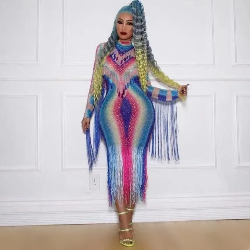Colorful-Rhinestones-Fringes-Perspective-Dress-Evening-Celebrate ...