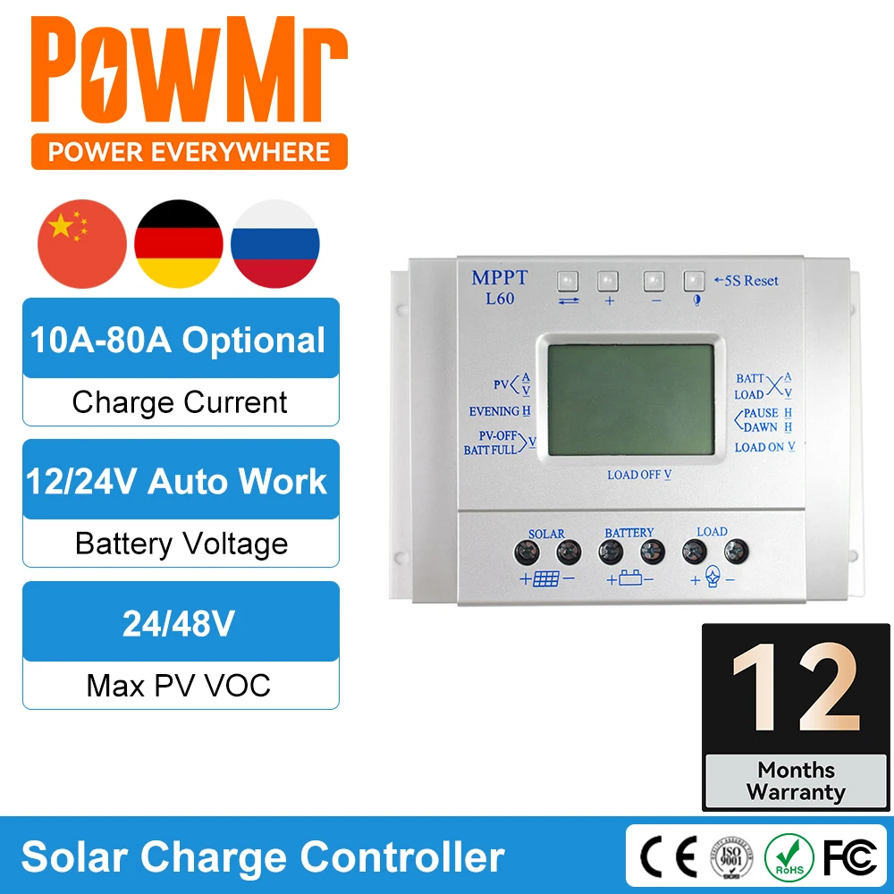 PowMr Solar Charge Controller 12V 24V 10A 20A 30A 40A 60A 80A PWM Controller for Solar Battery ...