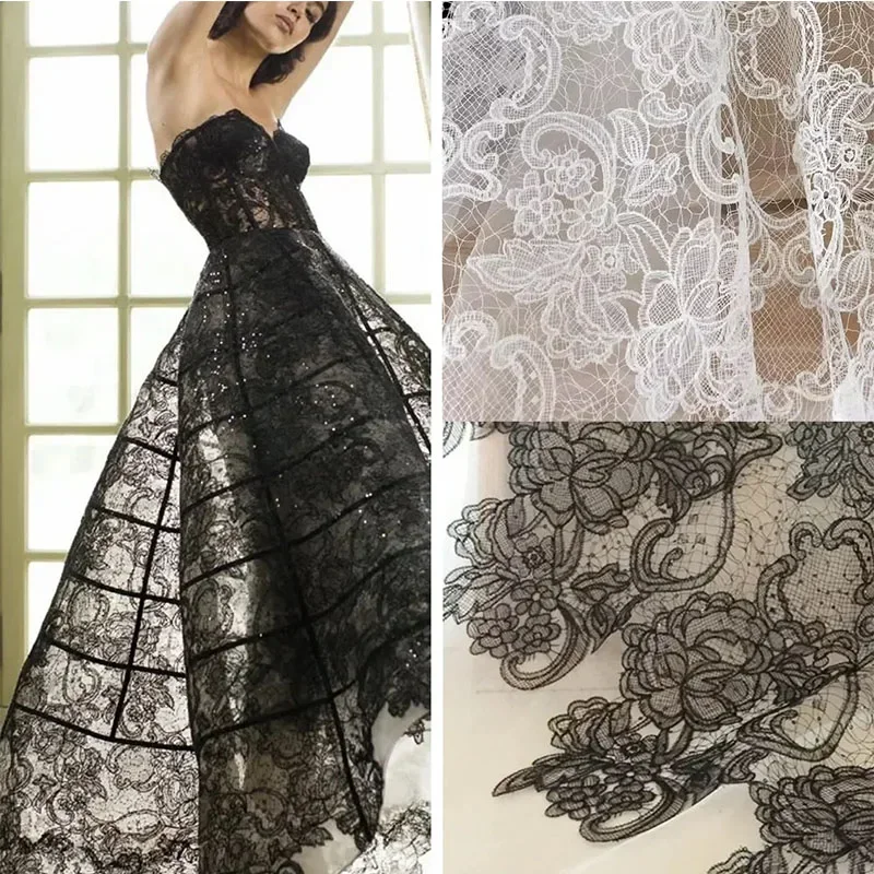 White Black Large Flower Embroidery Mesh Lace Fabric for Wedding ...