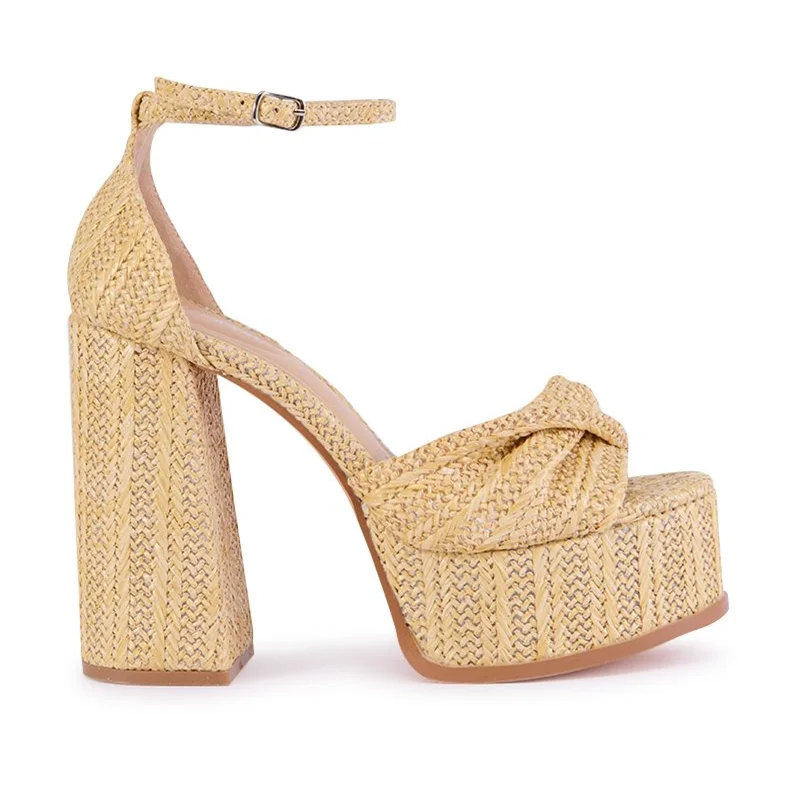 Beige-Platform-Twist-Strap-Woven-Sandals-Ankle-Strap-Buckle-Square-Open ...