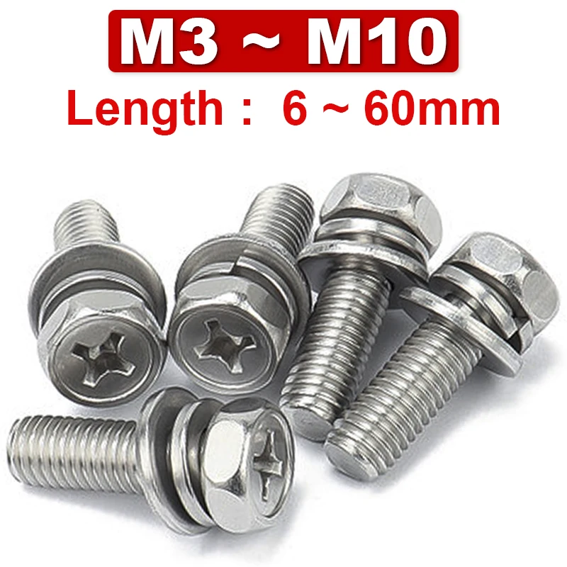 3in1-M3M4M5M6M8M10-Cross-Hexagon-Screw-Gasket-Spring-Washer-Three ...