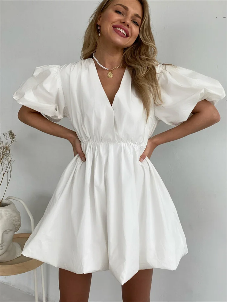 Tossy Fashion V-Neck Summer Mini Dress Women's High Waist Pleated ...