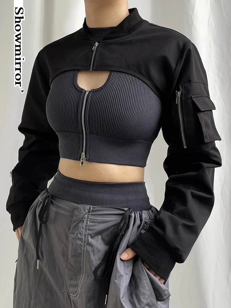 Showmirror Super-short Black Jacket Zipper Long Sleeve Harajuku Cropped ...