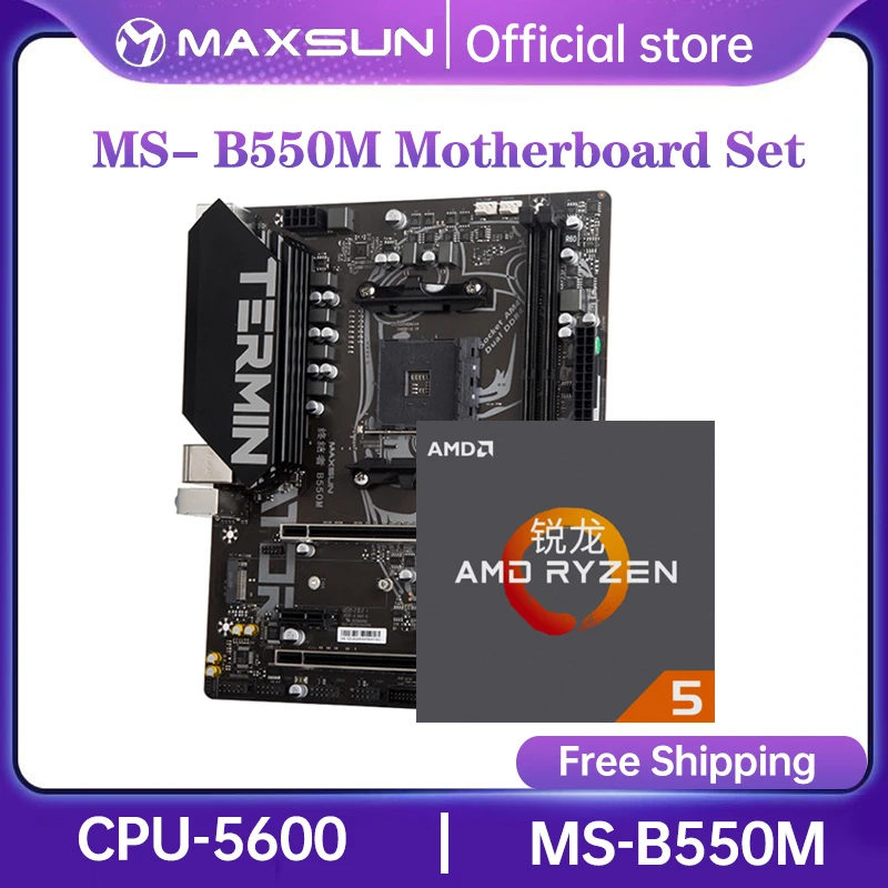 MAXSUN AMD B550M Com AMD Ryzen 5 5600 CPU Placa mãe Conjunto 6 Núcleo 12 Thread PCIE4.0 Para ...