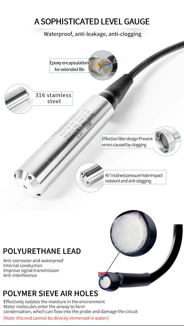 Submersible Water Level Sensor Transmitter 4 20ma 0-10V RS485 Liquid ...
