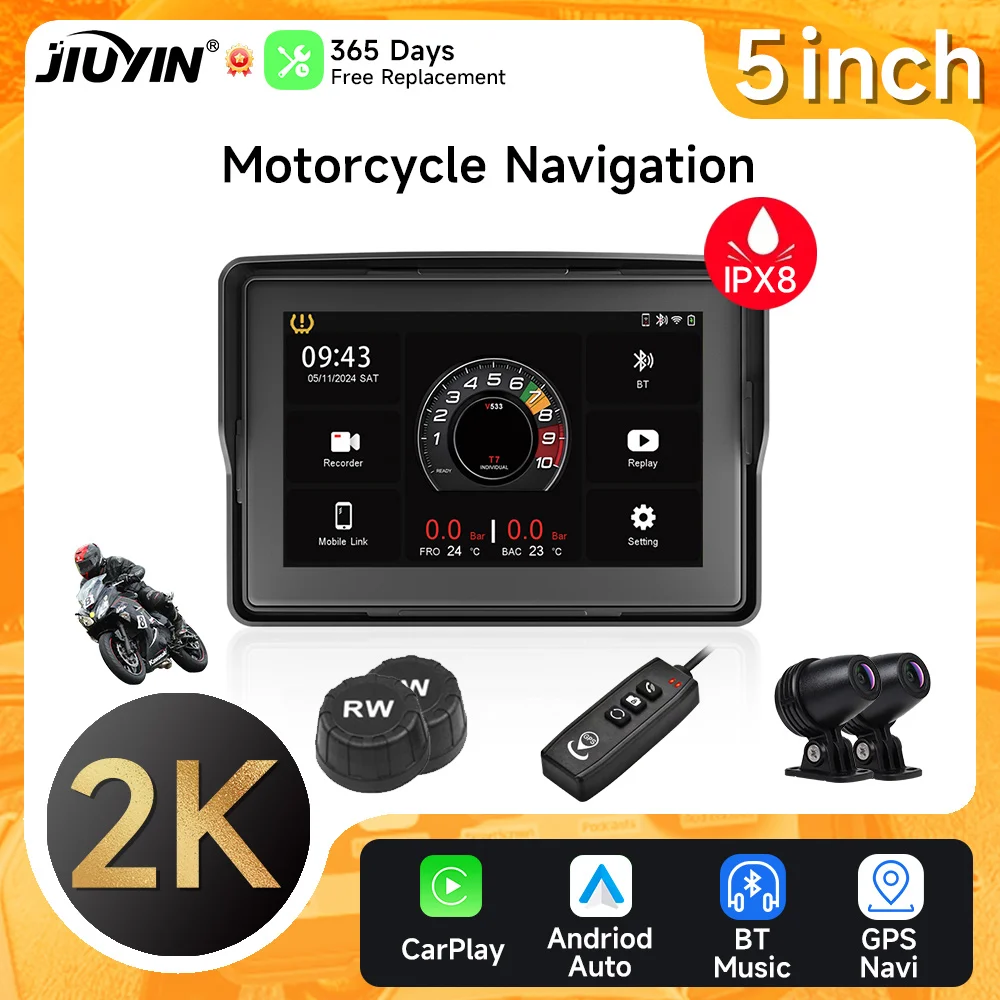 5 inch Motorcycle DVR GPS navigator 2K Dash Cam Wireless Carplay ...