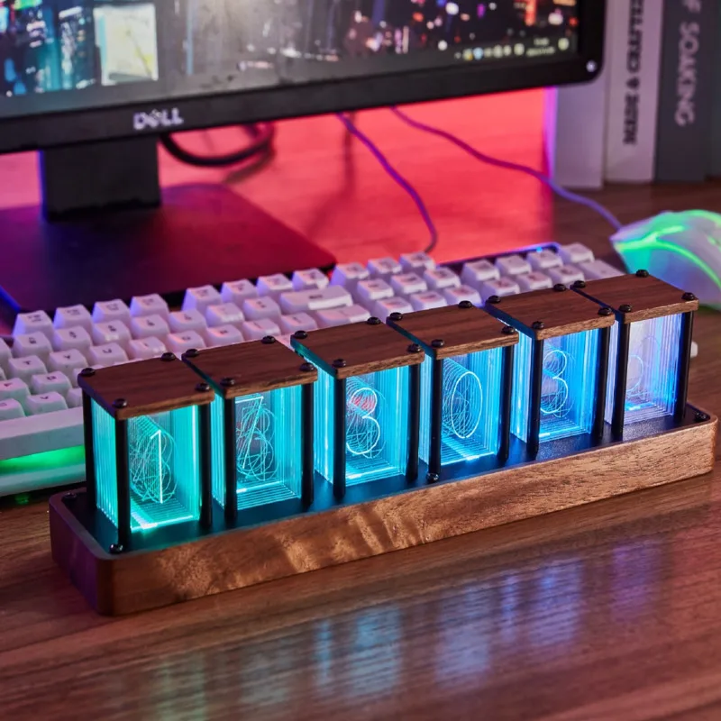Cyberpunk Style Table Nixie Tube Clock RGB Glow Tube Clock Walnut Wood ...
