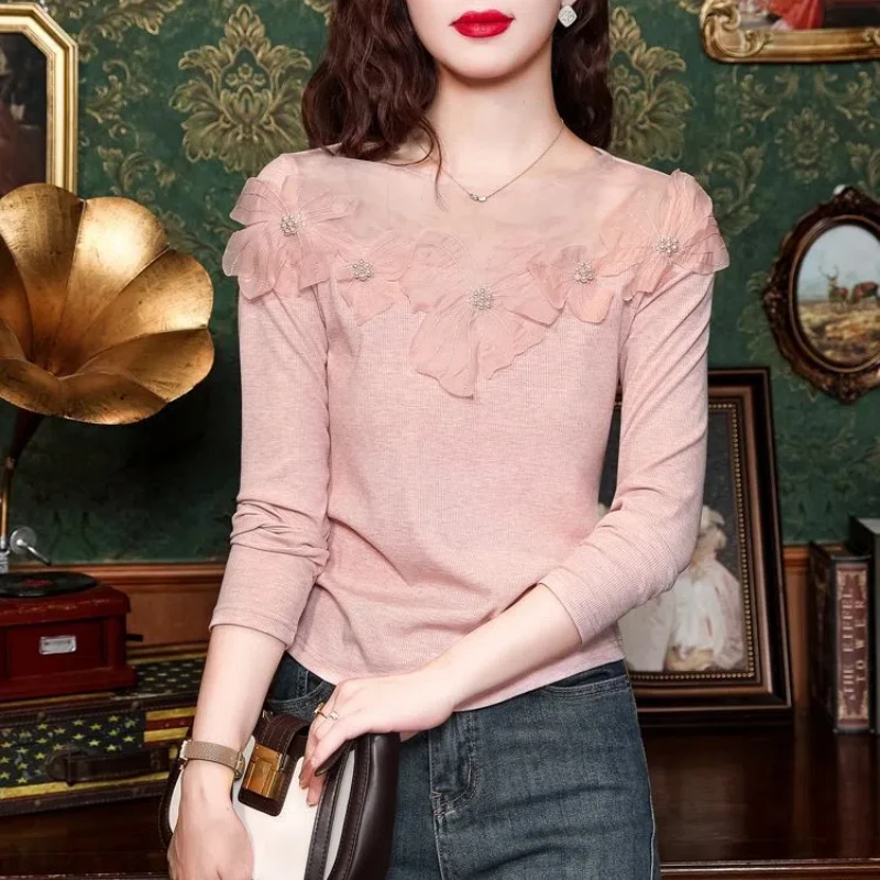 Lace Patchwork Solid Color Long Sleeve Pullover Women's Clothing Spring ...