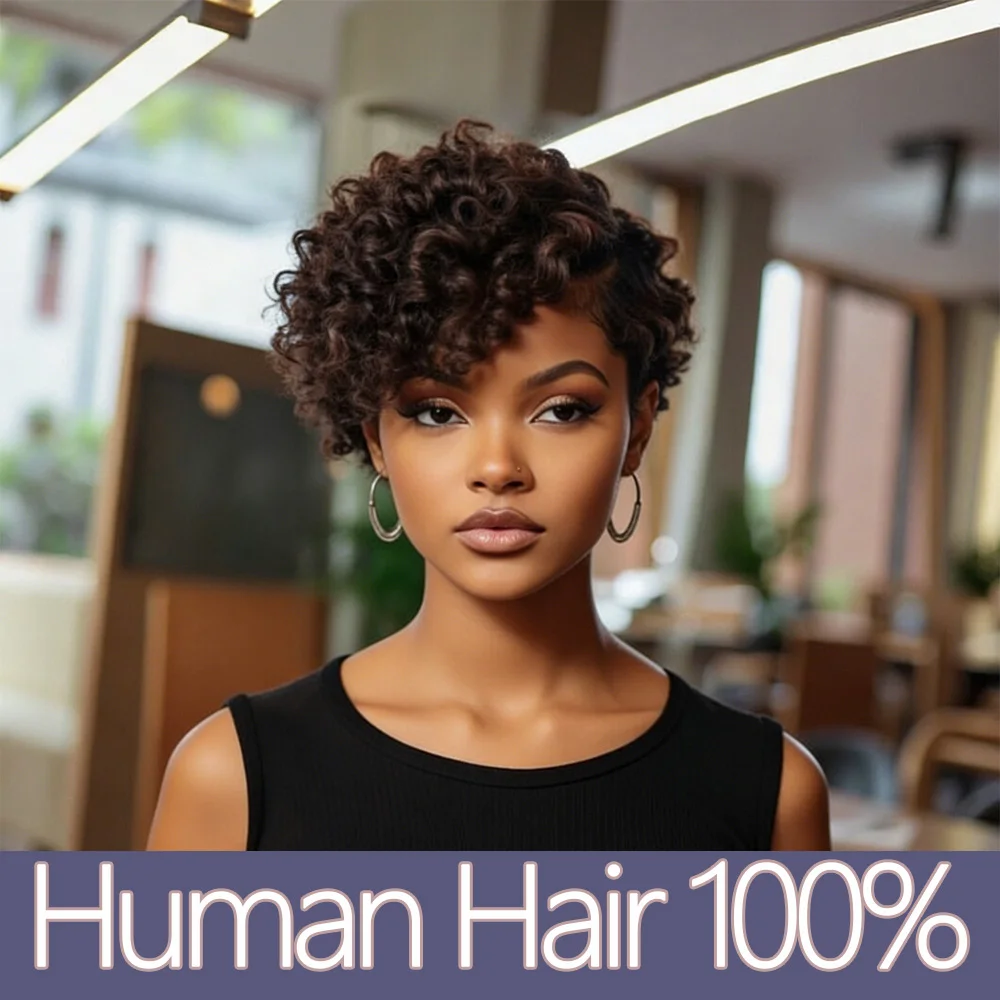 Spring Curl Short Natural Color Pixie Cut Wig Human Hair Layered Loose ...