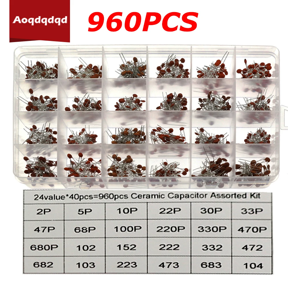 960PCS-24value-Ceramic-Capacitor-Assortment-Kit-2pF-680pF-50V-DIY ...