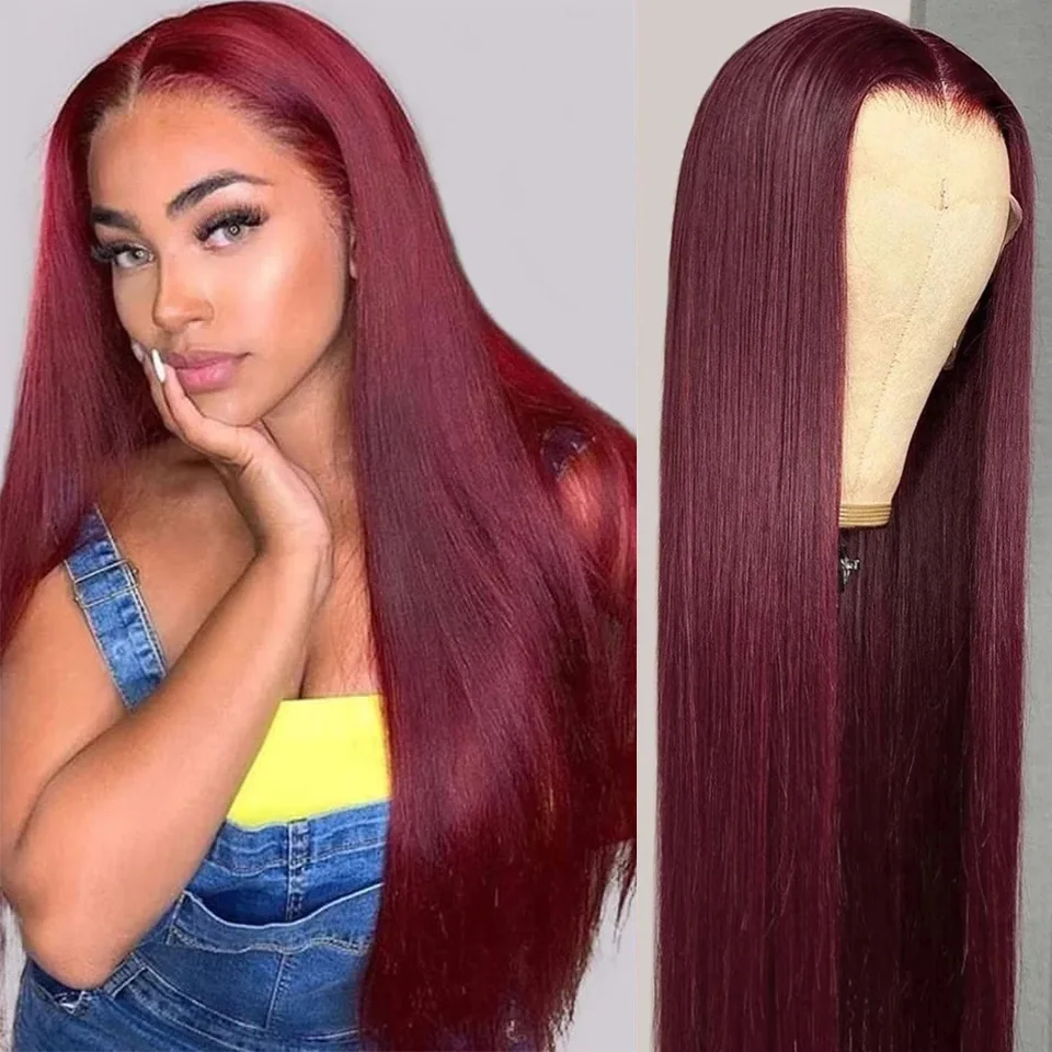 99j-Burgundy-Straight-13x4-Lace-Front-Wig-Human-Hair-Tarnsaprent-Lace ...