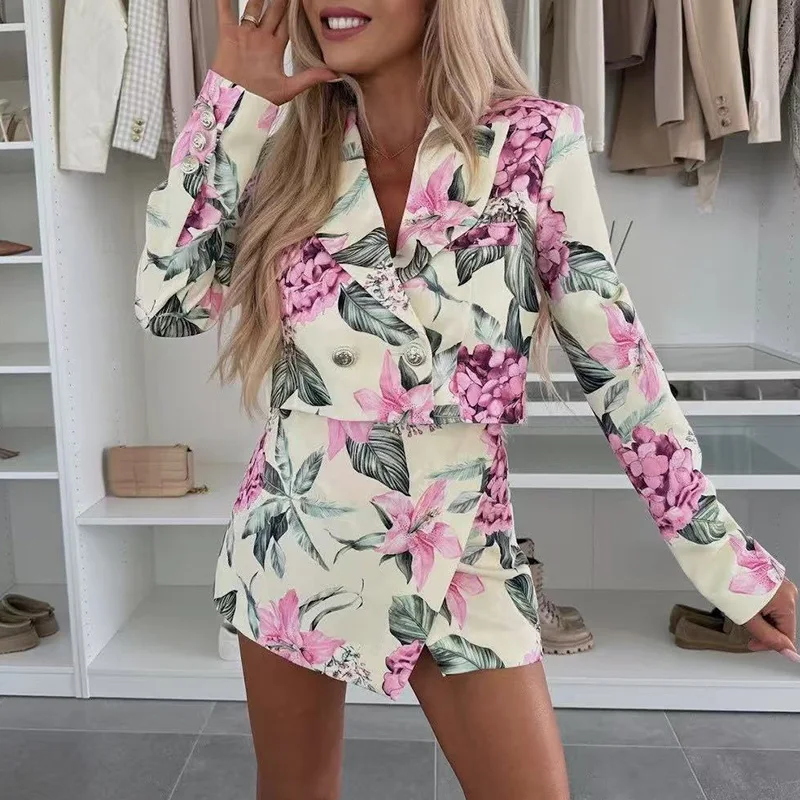 Chic Floral Printed Long Sleeve Coat&Shorts Skirts 2 Piece Set Elegant ...