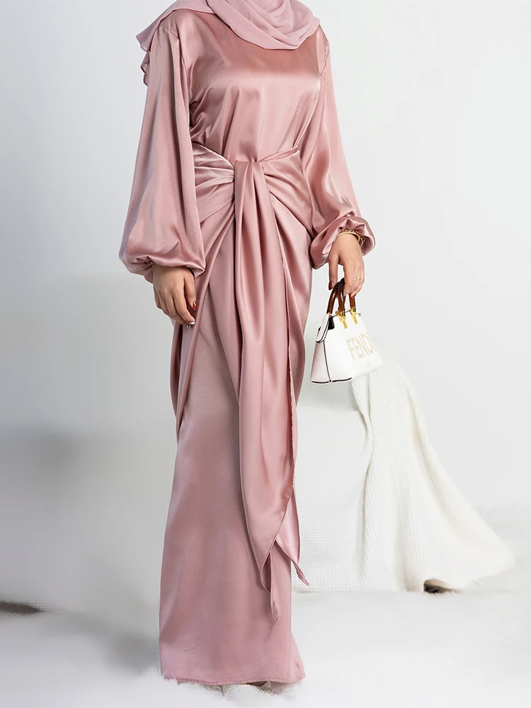 Vestido-largo-de-2-piezas-de-sat-n-liso-de-Dub-i-manga-farol-cuello ...