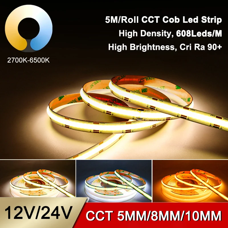 Tira de luces Led Cob de alto brillo, 5M/rollo CCT 2700K a 6500K ...