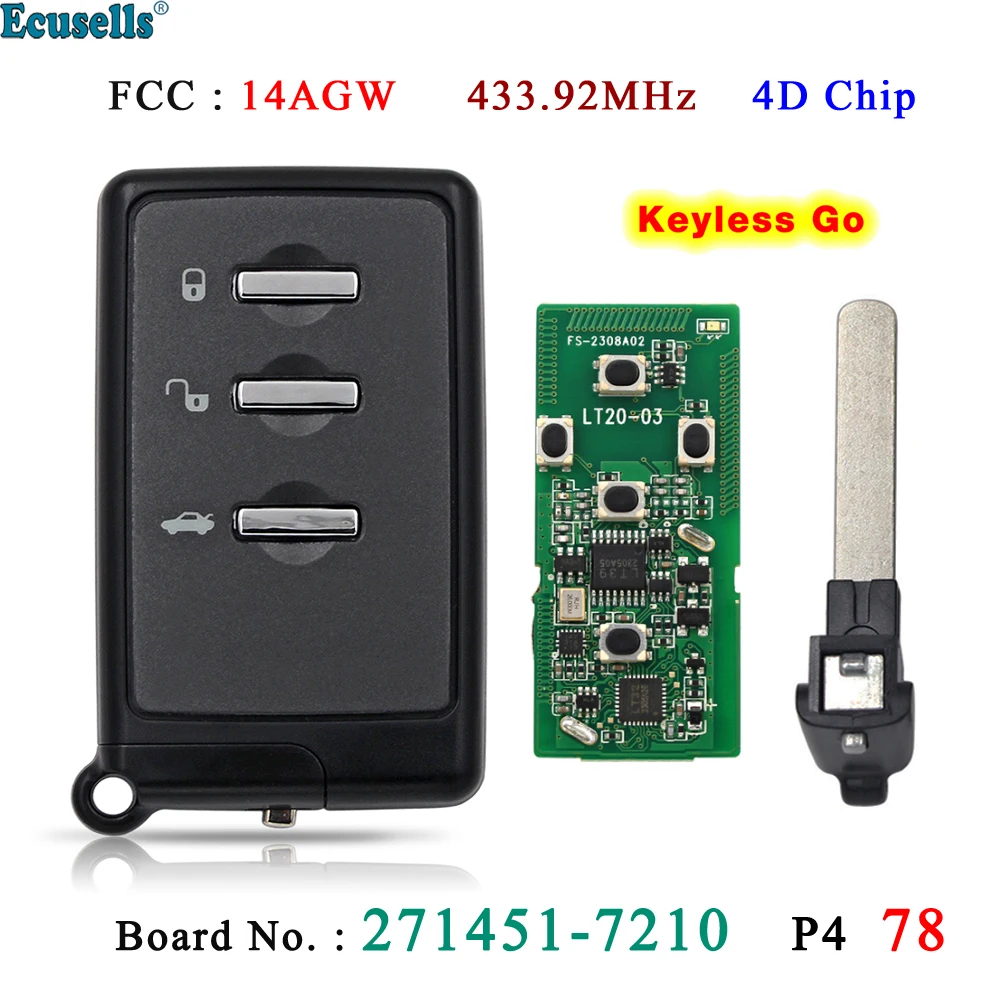 Ecusells-3-Button-Keyless-Go-Smart-Remote-Key-ASK-433-92MHz-4D-Chip-for ...