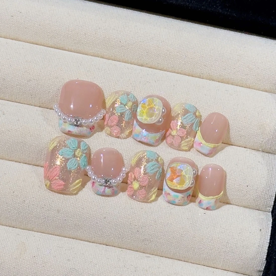 10Pcs-Dopamine-Short-Handmade-Press-On-Nails-Full-Cover-Pearl-Summer ...