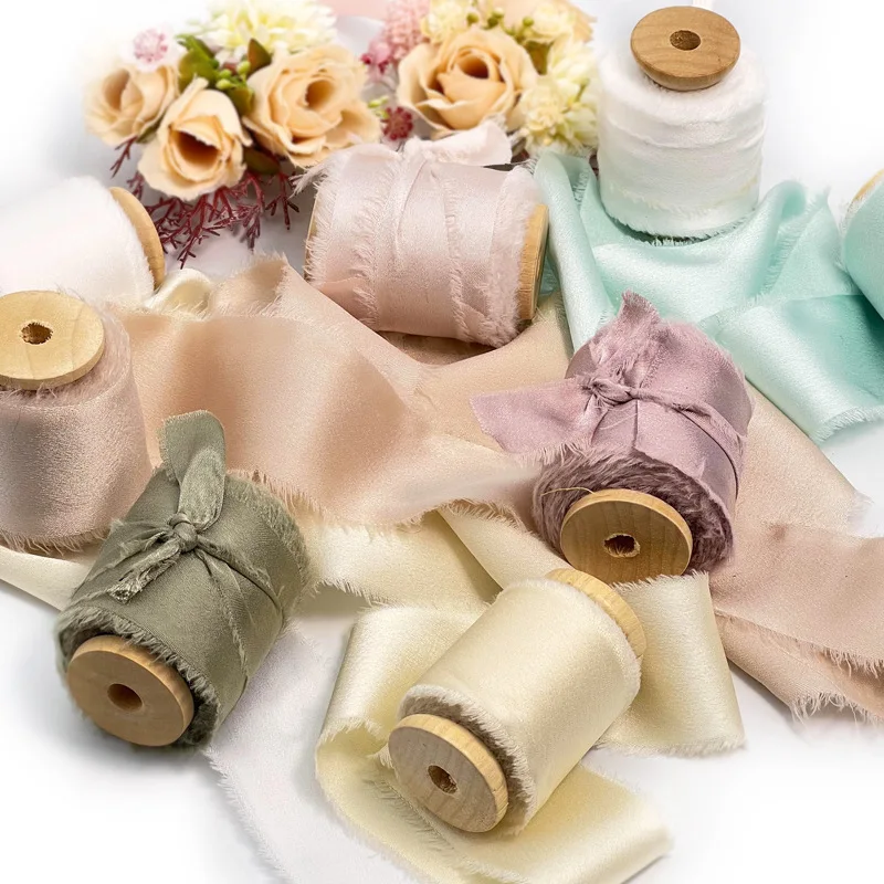 Silk-Satin-Ribbon-3-Roll-Wooden-Spool-Handmade-Frayed-Ribbon-for-Gift ...