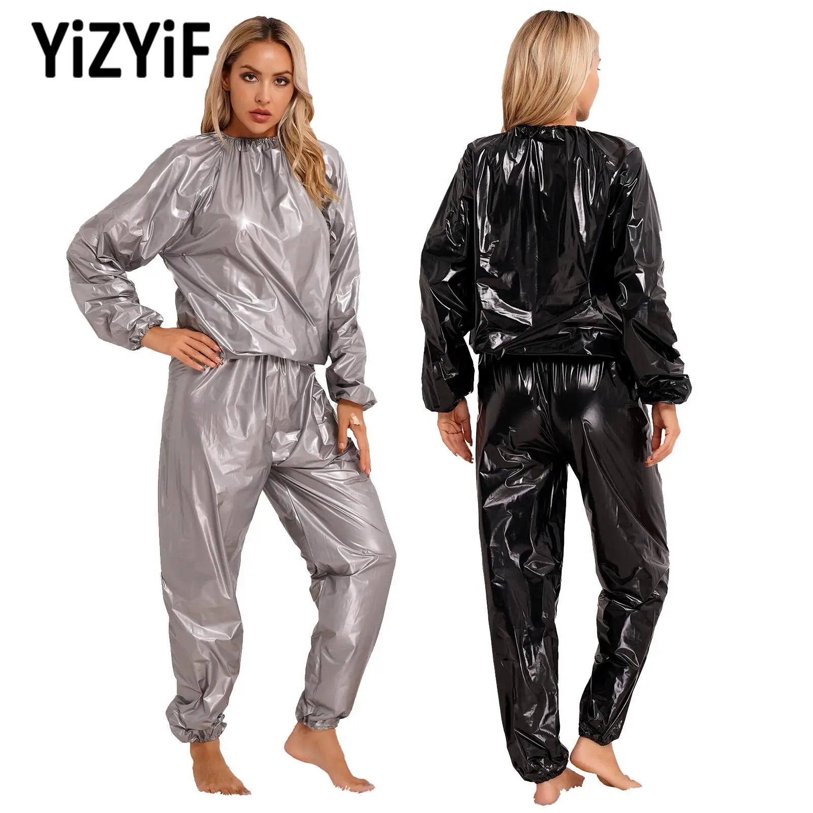 Women-Long-Sleeve-PVC-Elastic-Cuff-Top-Pants-Set-Weight-Loss-Sweat-Suit ...