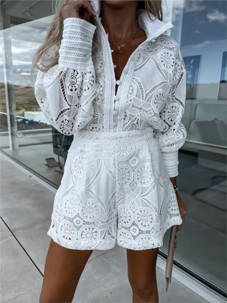 Vintage White Lace Shirt Shorts Sets Women Spring Summer Long Sleeve ...