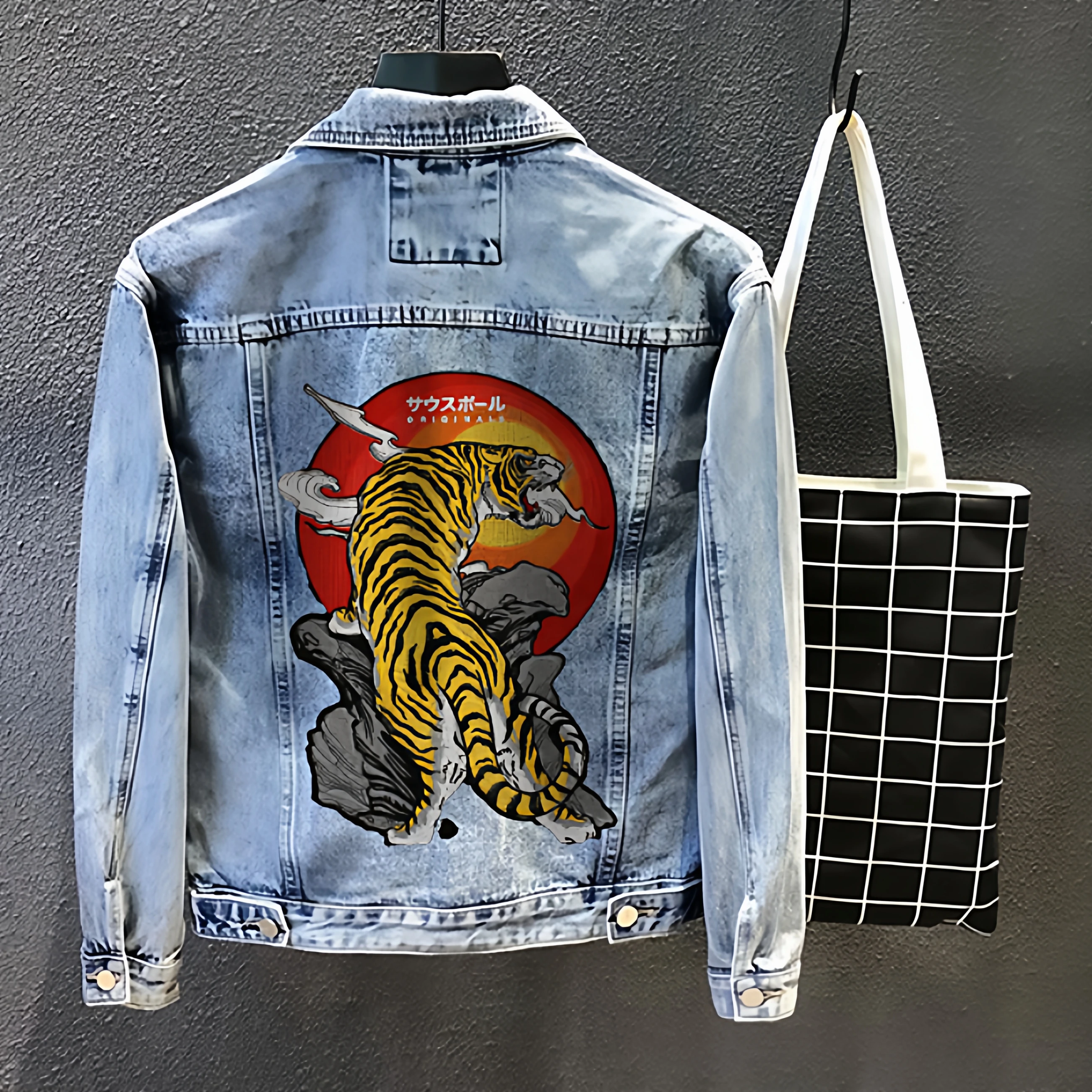 Ele Embroidered Tiger down Mountain Denim Jaet Men's Spring Autumn High ...