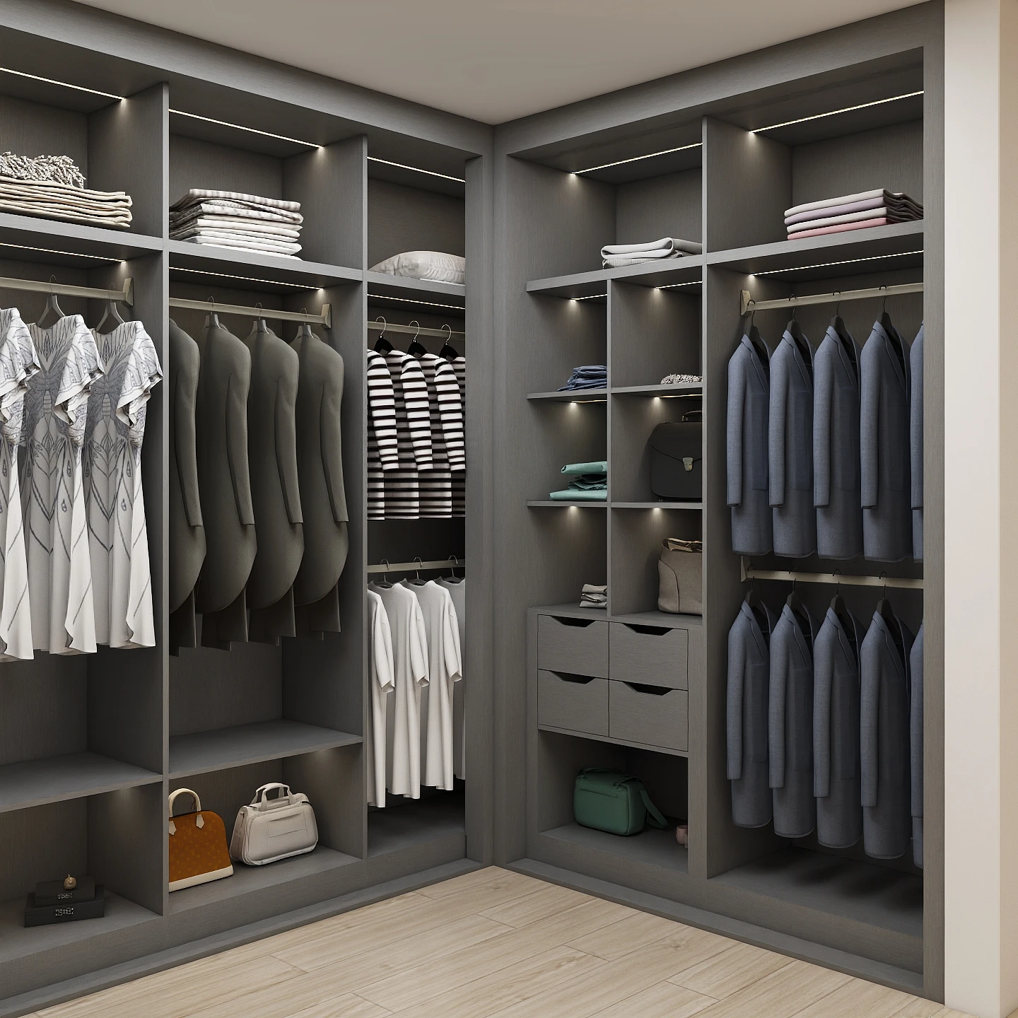 Corner Bedroom Wardrobe With Led Light Glass Door Melamine Walk In ...