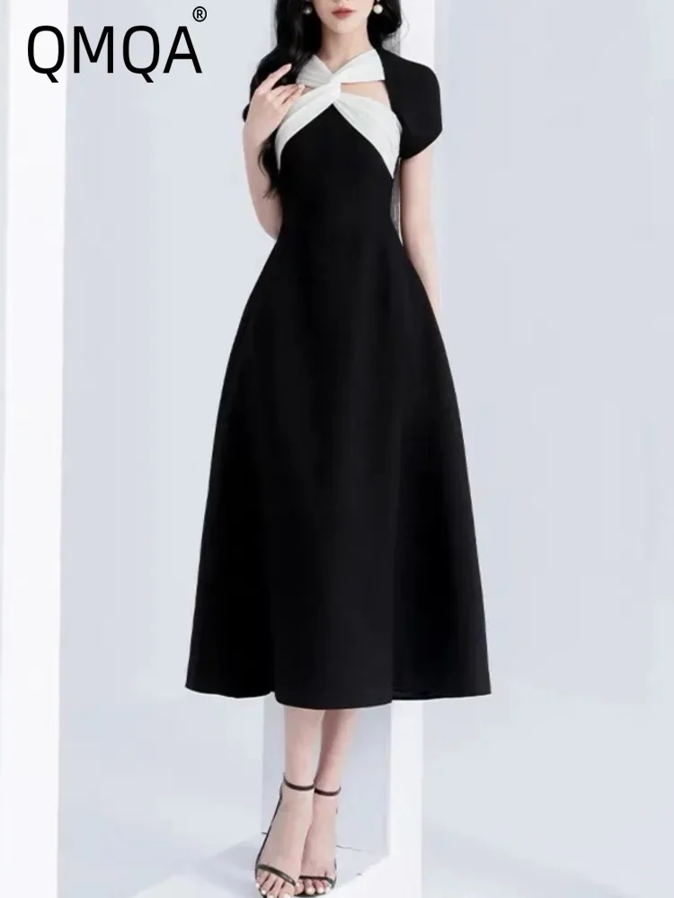 QMQA Fashion Women's Elegant Cross Kink Dress Contrast Color V-neck ...
