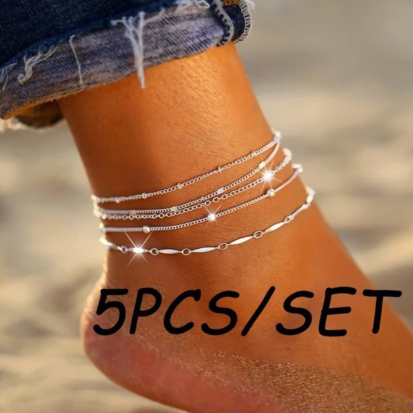 Hot-Selling-5Pcs-set-Silver-Plated-Ankle-Bracelet-Multilayer-Beaded ...