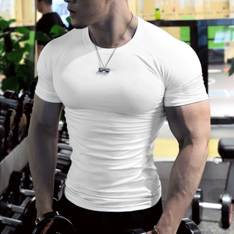 Men's Summer Short Sleeve Fitness T Shirt Running Sport Gym Muscle T-shirts Oversized Workout ...