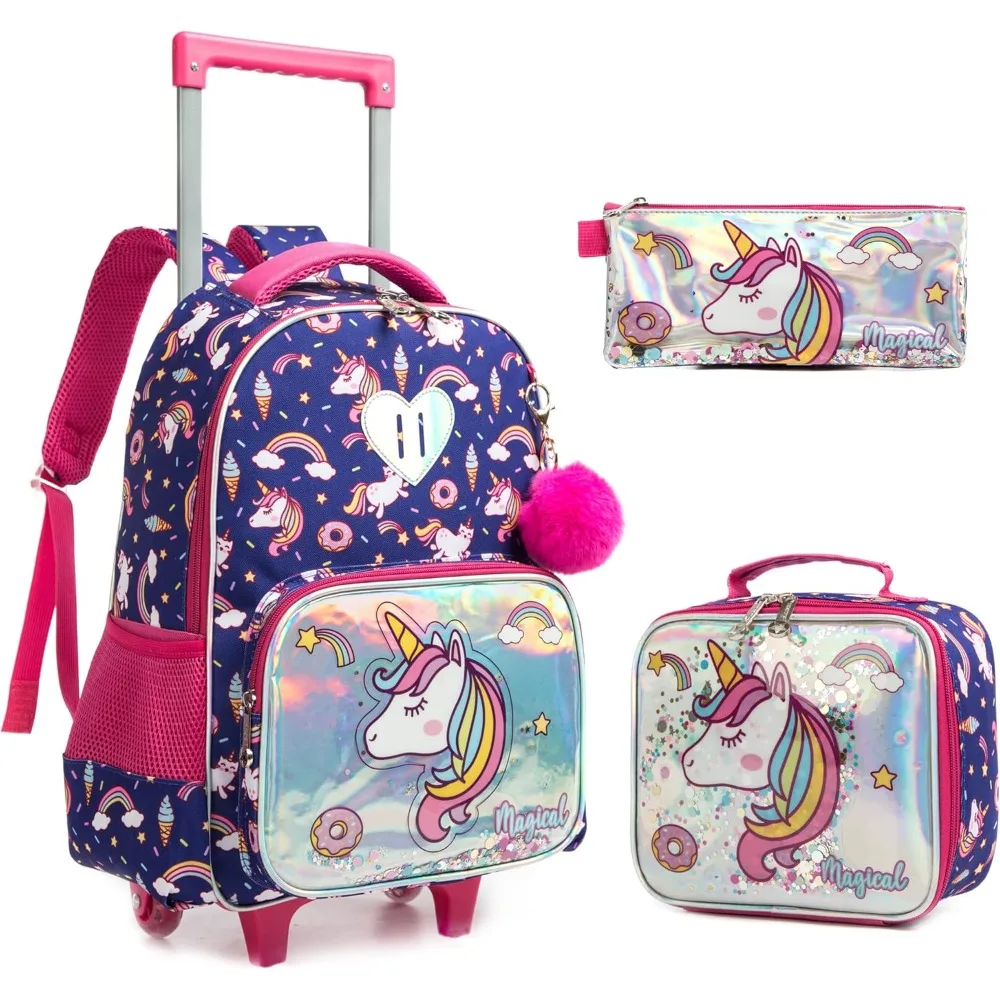 3PCS Rolling Backpack with Wheels Unicorn Roller Bag Wheeled Bookbag ...