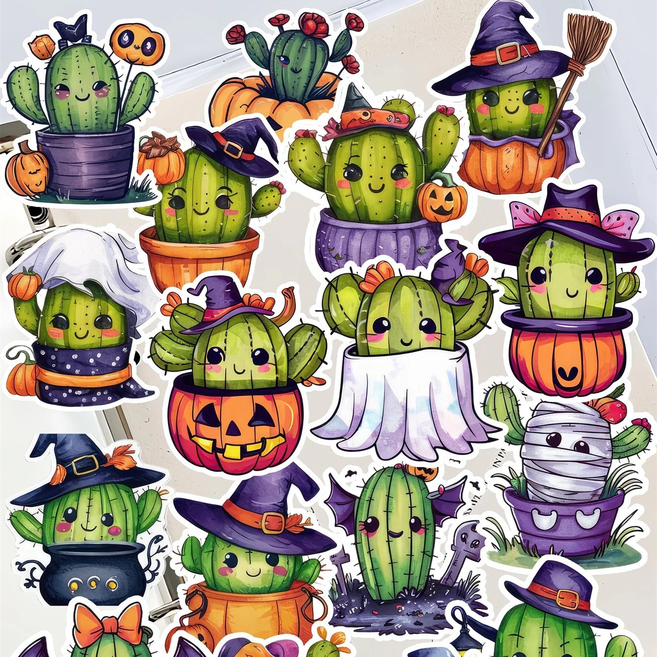20pcs Watercolor Halloween Cactus Pumpkin stickers, stationery ...